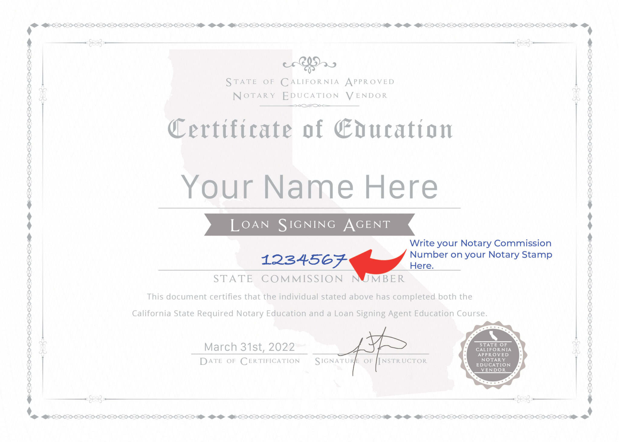 LSA Certificate - ezNotaryClass.com